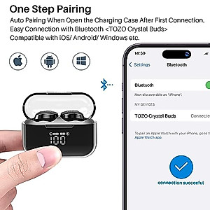 TOZO Crystal Buds Bluetooth 5.3 True Wireless Stereo Earbuds IPX8 Waterproof in Ear Headset Call Noise Reduction Headphones with Digital Display and Transparent Case Long Standby Earphones Black