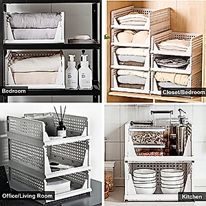 Set of 4 Stackable Closet Wardrobe Storage Bins Organizer (Easy Open and Folding), Plastic White Wardrobe Shelves Closet Organiser Box, Pull Out Like a Drawer, Suitable for Home, Bedroom, Kitchen