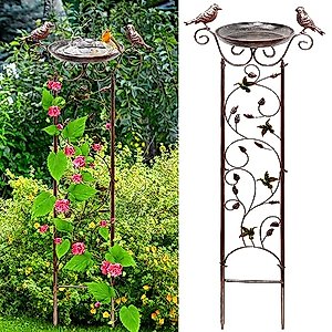 YALINKA Bird Bath Bowl with Garden Trellis Outdoor, 2 in 1 Vintage Decorative Birdbaths Bowl for Climbing Plants, Freestanding Garden Plant Support with Detachable Iron Bowl for Patio Yard Lawn (A)