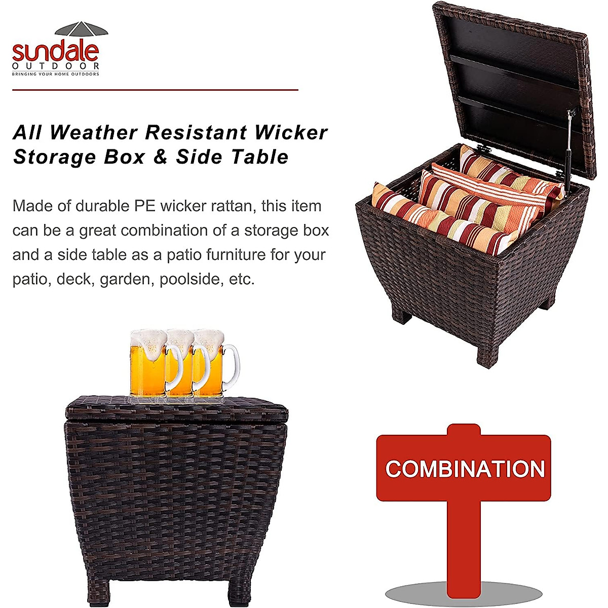 Outdoor Wicker Storage Box with Cover, 13 Gallon PE Rattan Deck Box for Outside with Waterproof Liner, Patio Storage Chest with Hinged Lid for Cushions, Pillows, Towels, Horizontal Bin, Brown