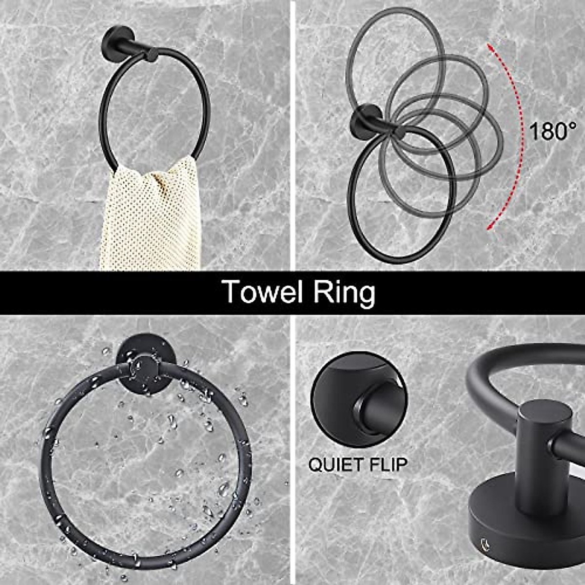 8-Piece Bathroom Hardware Accessories Set: Matte Black Stainless Steel Wall Mount Kit Include 16" Hand Towel Bar | Towel Ring | Toilet Paper Holder | Razor Holder | 4 Robe Towel Hooks