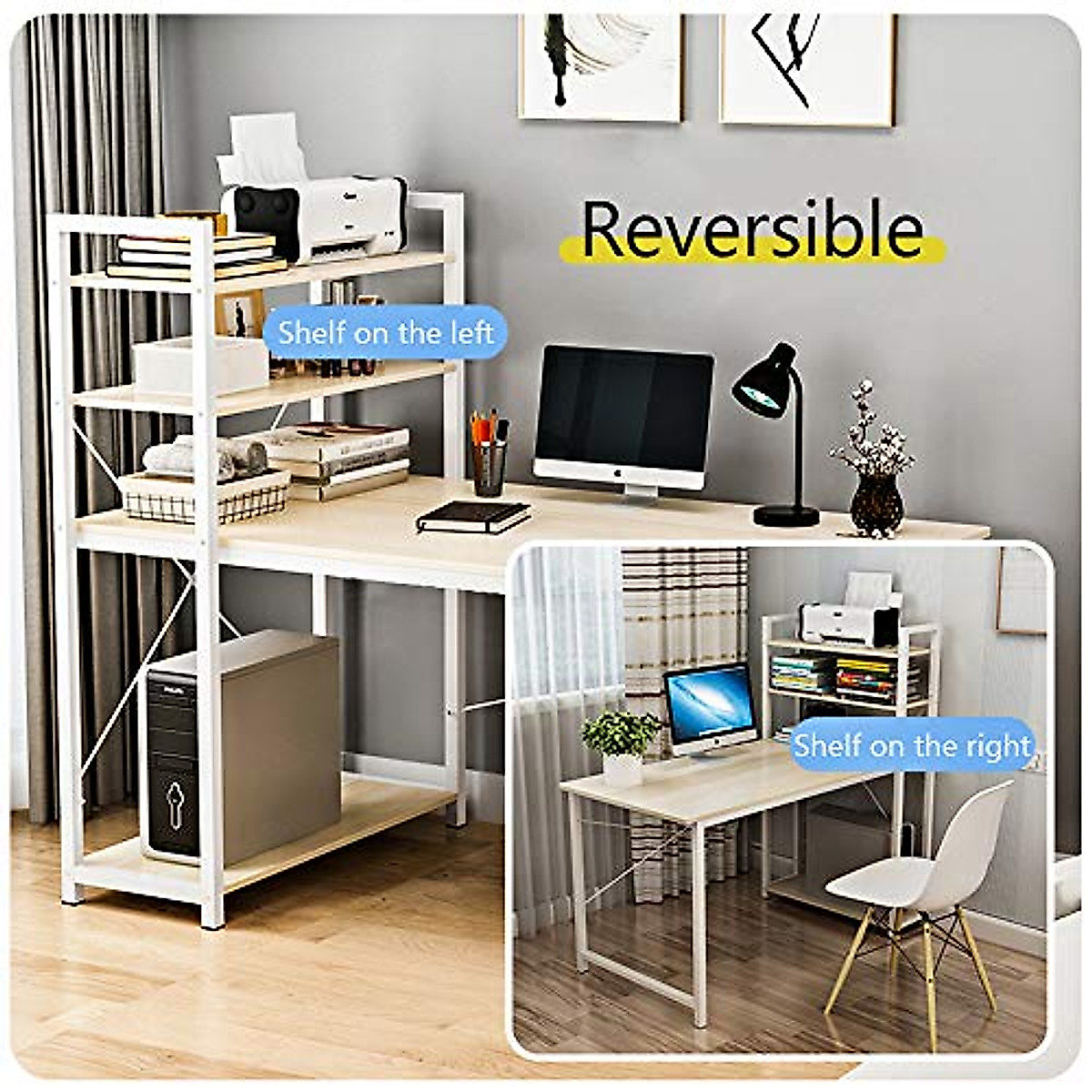 KINGBO Computer Desk 39" with Storage Shelves Bookshelf for Home Office, WFH Desk, Reversible, Study Table, Writing Desk, Work Desk Station, PC Table, Laptop Desk (Black)