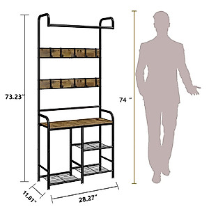SUOERNUO Coat Rack Hall Tree with Shoe Storage Bench for 3-in-1 Entryway Hall Tree with 8 Removable Hooks, 28.27 x 12.2 x 72.83 Inches (28.27 Inch)