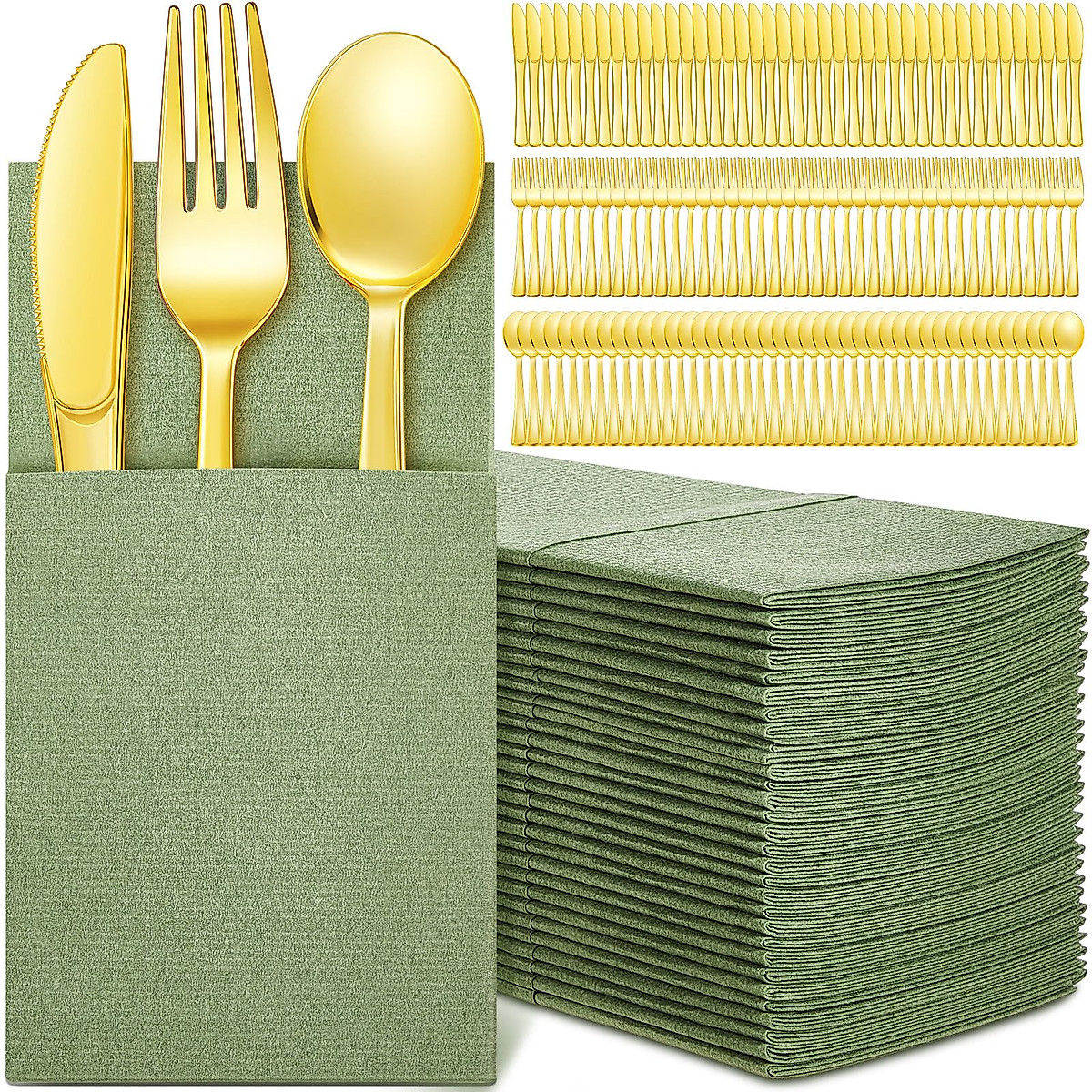 Tioncy 100 Pack Gold Plastic Silverware Cutlery Set Dinner Napkins with Built in Flatware Pocket Disposable 100 Forks Spoons Knives and 100 Like Cloth Paper Napkins for Dinner Wedding Party (Green)