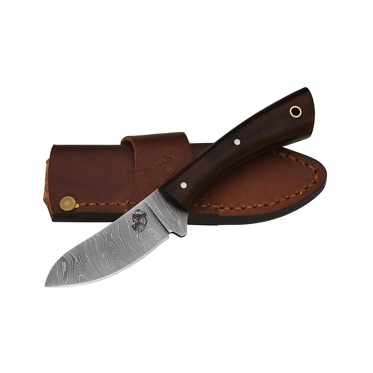 Knives Ranch Damascus Skinning Knife, Fixed Blade Hunting Knife with Rosewood Handle and Heavy-Duty Dual Horizontal/Vertical Sheath (3129-IRW)