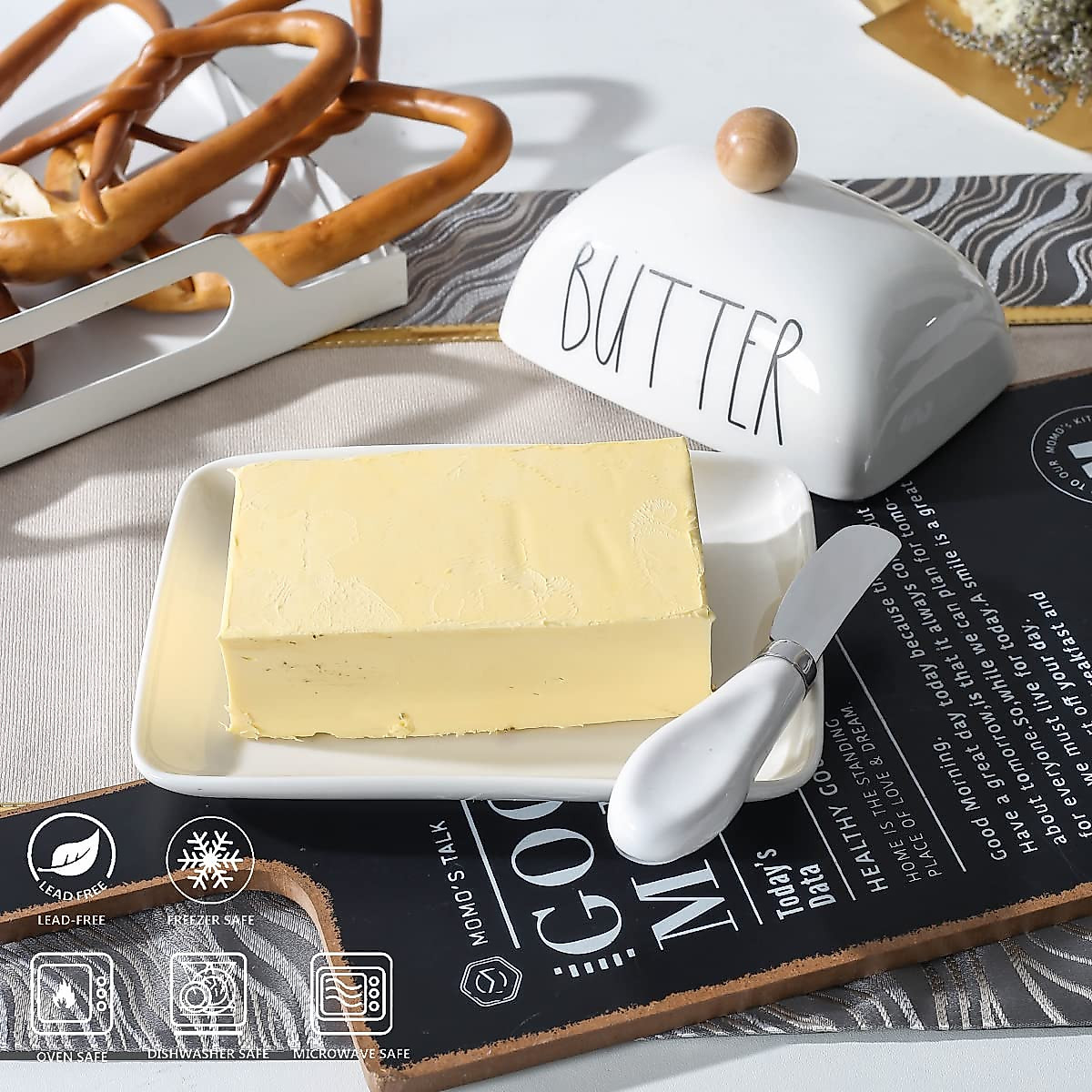 oskas Farmhouse Decorative Kitchen Countertop Porcelain Butter & Cream Cheese Dish with Lid,Butter Keeper with Cover for East West Coast Butter,White