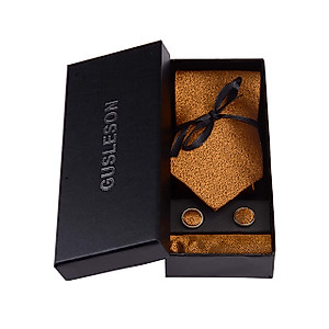 GUSLESON Mens Gold Solid Tie with Pocket Square Cufflinks set Woven Silk Necktie (0756-11)