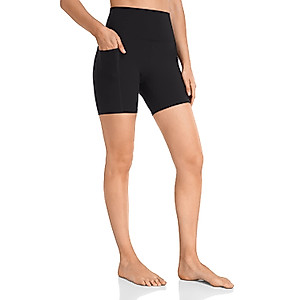 HeyNuts Women's High Waisted Biker Shorts with Side Pockets, Workout Tummy Control Yoga Leggings Running Shorts 6'' Black M(8/10)