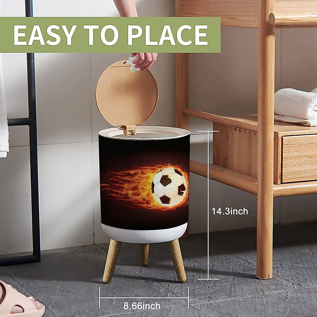 IBPNKFAZ89 Small Trash Can with Lid Soccer Ball in Fire Isolated on Black Garbage Bin Wood Waste Bin Press Cover Round Wastebasket for Bathroom Bedroom Office Kitchen