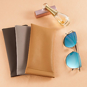 Squeeze Leather Sunglasses Pouch - 3 Pack Spring Storage Glasses Pouch Holder Soft Sunglasses Case (Khaki,Grey,Dark Grey)