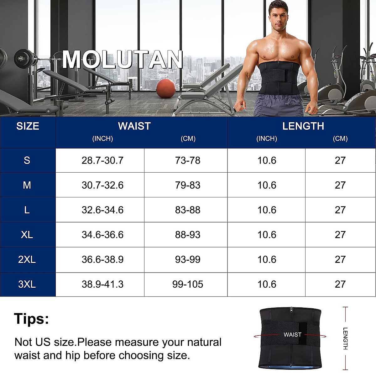 MOLUTAN Waist Trainer for Men Waist Trimmer with Adjustable Sweat Belt Back Support Corset Compression Girdle Sauna Suits Black