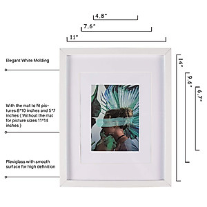 elabo 11x14 White Picture Frame (3 Pack) - High Definition Plexiglass Display Pictures 5x7,8x10 with Mat or 11x14 without Mat - Vertical or Horizontal Wall Mounting