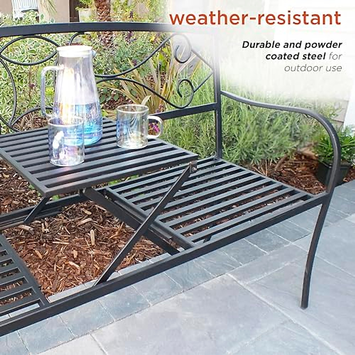 Alpine Corporation Alpine Metal Garden Outdoor Bench with Retractable Table VTFAM114, Black