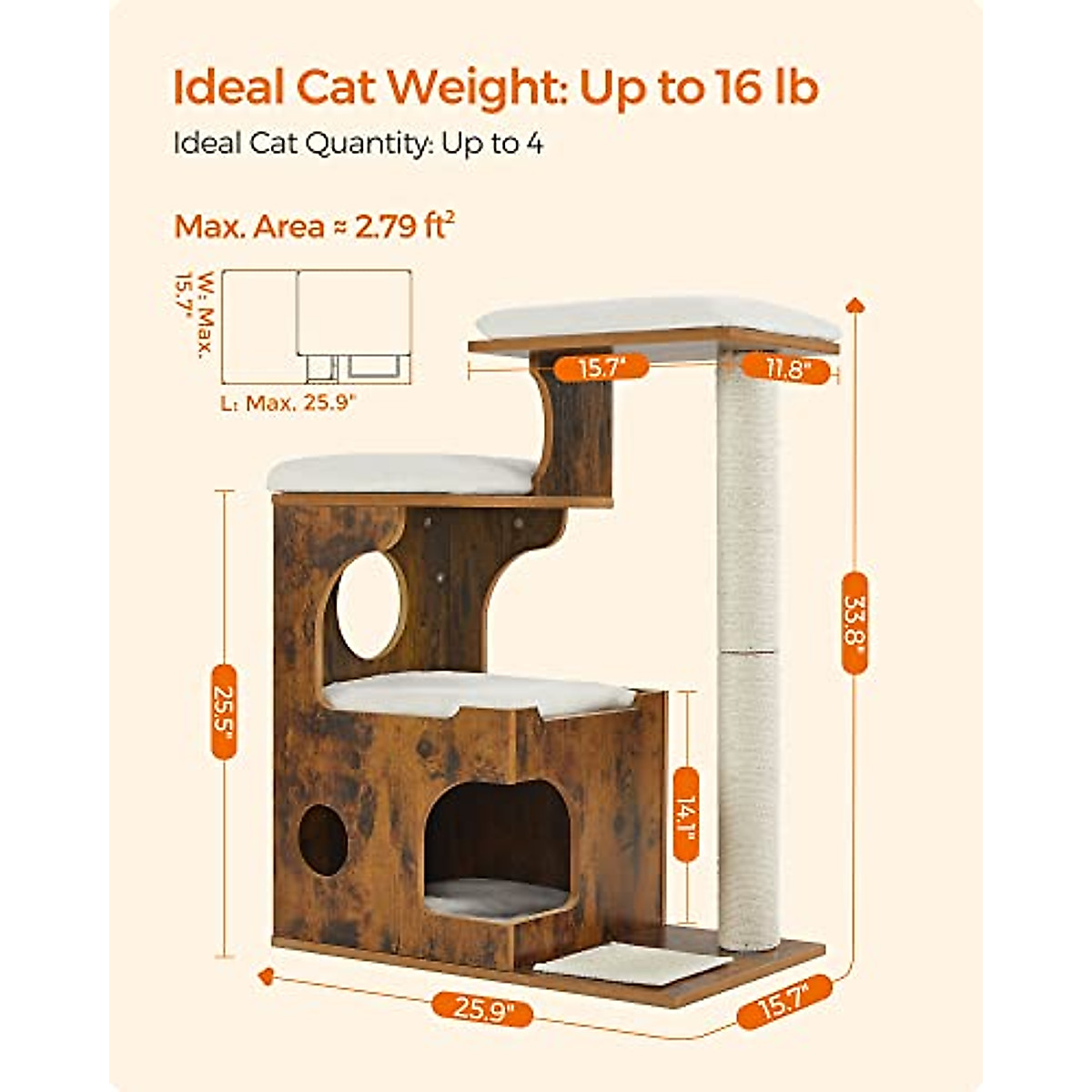 FEANDREA 33.9-Inch Cat Tower, Medium Cat Tree with 3 Beds and Cave, Cat Condo Made of MDF with Wood Veneer, Sisal Post and Washable Faux Fur, Vintage, Rustic Brown and White UPCT70HW
