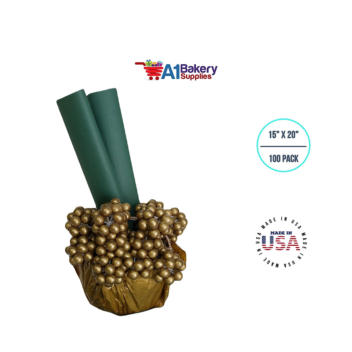 Forest Green Tissue Paper 15 Inch X 20 Inch - 100 Sheets Premium Quality Tissue Paper by A1 bakery supplies Made in USA