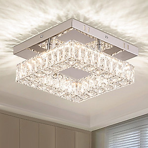 YPQXYHDA 9.8" Modern Crystal Ceiling Light Fixture Mini Square Chandelier Flush Mount Light Fixture Ceiling Lamp for Small Hallway Foyer Entryway Bedroom,3 Colors Adjustable