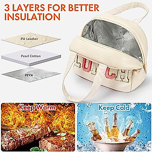 DIRGEE Lunch Bag for Women Insulated Lunch Bag For Men PU leather Small Lunch Bag for Office Work lunch Bag with Chenille Letters Leakproof Freezable Cooler Bag Reusable Portable Lunch Box (White)