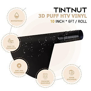 Tintnut Black Puff HTV Vinyl Heat Transfer - 10 inches x 6ft Puff HTV Vinyl Roll 3D Puff Heat Transfer Vinyl Roll Black Puff HTV Roll Iron on Vinyl for T-Shirts Compatible with Cricut/Silhoutte Cameo