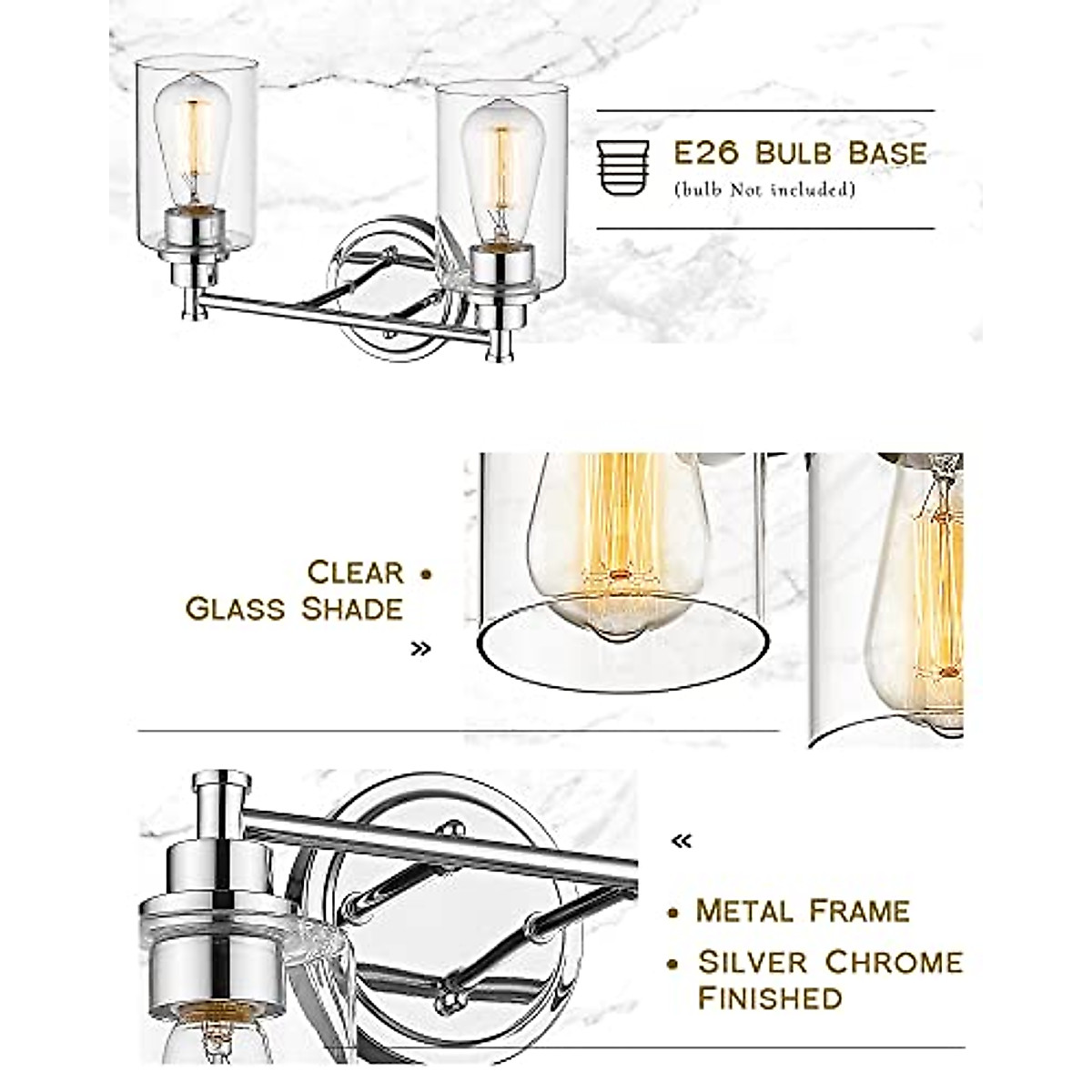 FEMILA Modern Bathroom Light Fixtures, 2-Light Bathroom Vanity Lights Over Mirror with Clear Glass Shade, Chrome Finish, 4FYC56B-2W CH