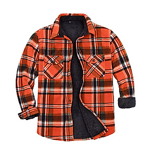 Lisskolo Men's All Sherpa Fleece Lined Plaid Thermal Flannel Shirt Jacket with Pockets Orange L