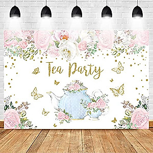Mocsicka Tea Party Backdrop 7x5ft Princess Wonderland Floral Birthday Baby Shower Photo Backdrops Let's Partea Gold Butterfly Tea Time Photography Background
