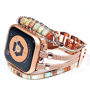 DamonLight Beaded Boho Watch Bracelet Band Compatible with Apple Watch Band Women 38mm 40mm 41mm, Compatible for iWatch Series Ultra 8 7 6 5 4 3 2 6 1 SE (Rose Gold, 38/40/41MM)