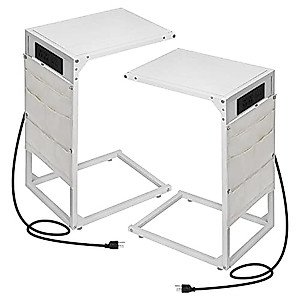 Set of 2 C Shaped End Table with Charging Station, Snack Side Table, C Tables for Couch, Couch Tables That Slide Under, for Living Room, Bedroom, White