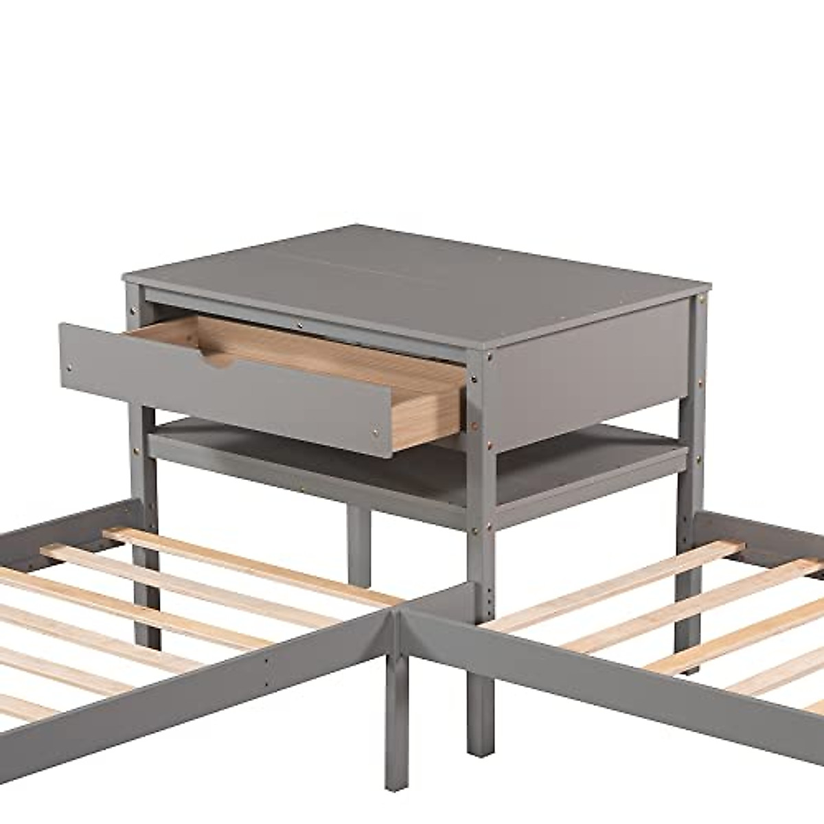 P PURLOVE L-Shaped Twin Platform Bed Corner Bed for Kids Teens 2 Wood Bed Frame with Built-in Rectangle Table with Drawer for Living Room Bedroom,Gray
