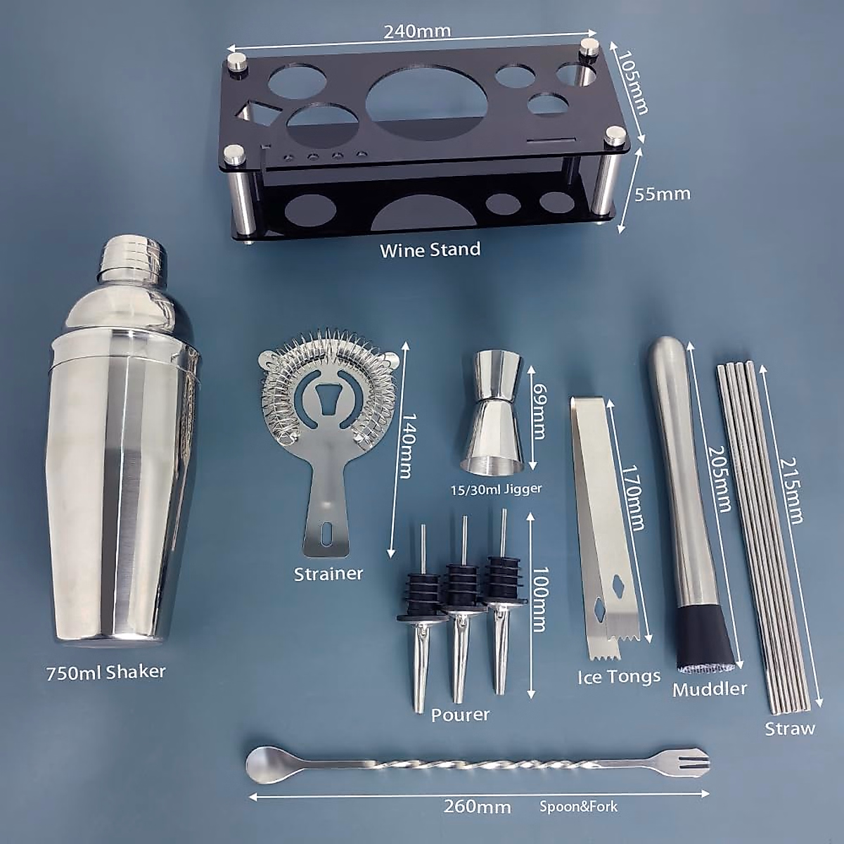 Bartender Kit, 13 Piece Cocktail Shaker Set Stainless Steel Bar Tools with Black Stand, 25 oz Shaker, Jigger, Spoon, Pourers, Muddler, Strainer, Tongs, Recipes