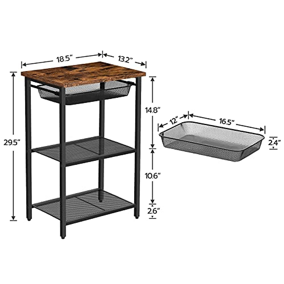HOOBRO Tall Side Table, Industrial End Table with Adjustable Metal Mesh Basket, Telephone Table with Storage Shelf for in Bedroom, Living Room, Hallway, Easy Assembly, Rustic Brown BF02DH01