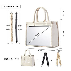 Tote Bags for Women - Canvas Tote Bags Shoulder Crossbody Bags Purse with Zipper School Fashion Handbag (White, 13in X 5.5in X 10in)