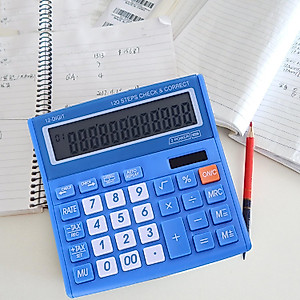 Office Desk Calculator 12 Digits with Solar Power and Easy to Read HD LCD Display, Big Buttons, for Financial Affairs,Home, Office, School, Class and Business,with Battery,Blue