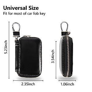 Amiss Universal Car Key Case, Key Fob Protector, Key Fob Cover Case, Genuine Leather Car Smart Key Chain Keychain Holder Metal Hook and Keyring Zipper Bag for Remote Key Fob - Black
