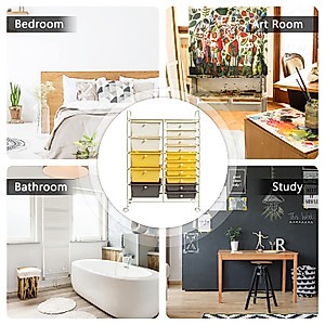 KOTEK 15-Drawer Rolling Storage Cart, Multipurpose Mobile Utility Cart with 4 Wheels, Home Office School Tools Scrapbook Paper Organizer (Yellow)