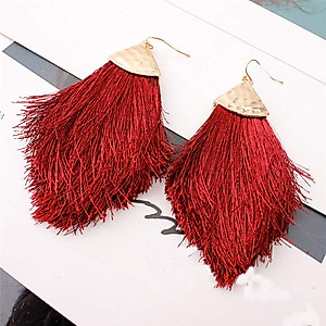 Fashion Bohemian Silky Thread Fan Fringe Tassel Statement Earrings - Lightweight Strand Feather Shape Dangles Earring 4 pcs (Black+White+Beige+Dark red)
