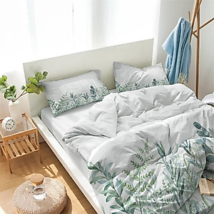 Yun Nist King 4 Piece Bedding Set Summer Eucalyptus Leaf Green Leaves,Soft Breathable Duvet Cover and Pillowcase,Country Farm Plants on White Washable Bed Sheets for Bedroom Dormitory Guest Room