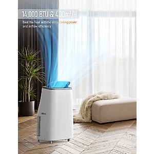 DEXSO Portable Air Conditioner 14,000BTUs, A/C for Rooms up to 750 Sq. Ft, Built-in Dehumidifier, Fan, and Sleep Mode, Includes Remote Control, Reusable Filter, and Window Kits