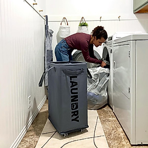 Goodpick Laundry Basket with Wheels, 75L Collapsible Laundry Hamper, Clothes Hamper with Removable Wash Bag for Laundry Room, Rolling Laundry Basket with Handles, Grey