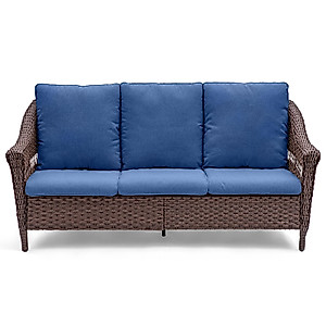 Buenhomino Outdoor Patio Sofa Couch - 3 Seater All Weather Rattan Conversation Sofa Porch Furniture Wicker Sofa with Deep Seat High Backrest for Deck Porch Balcony Garden - Brown/Blue