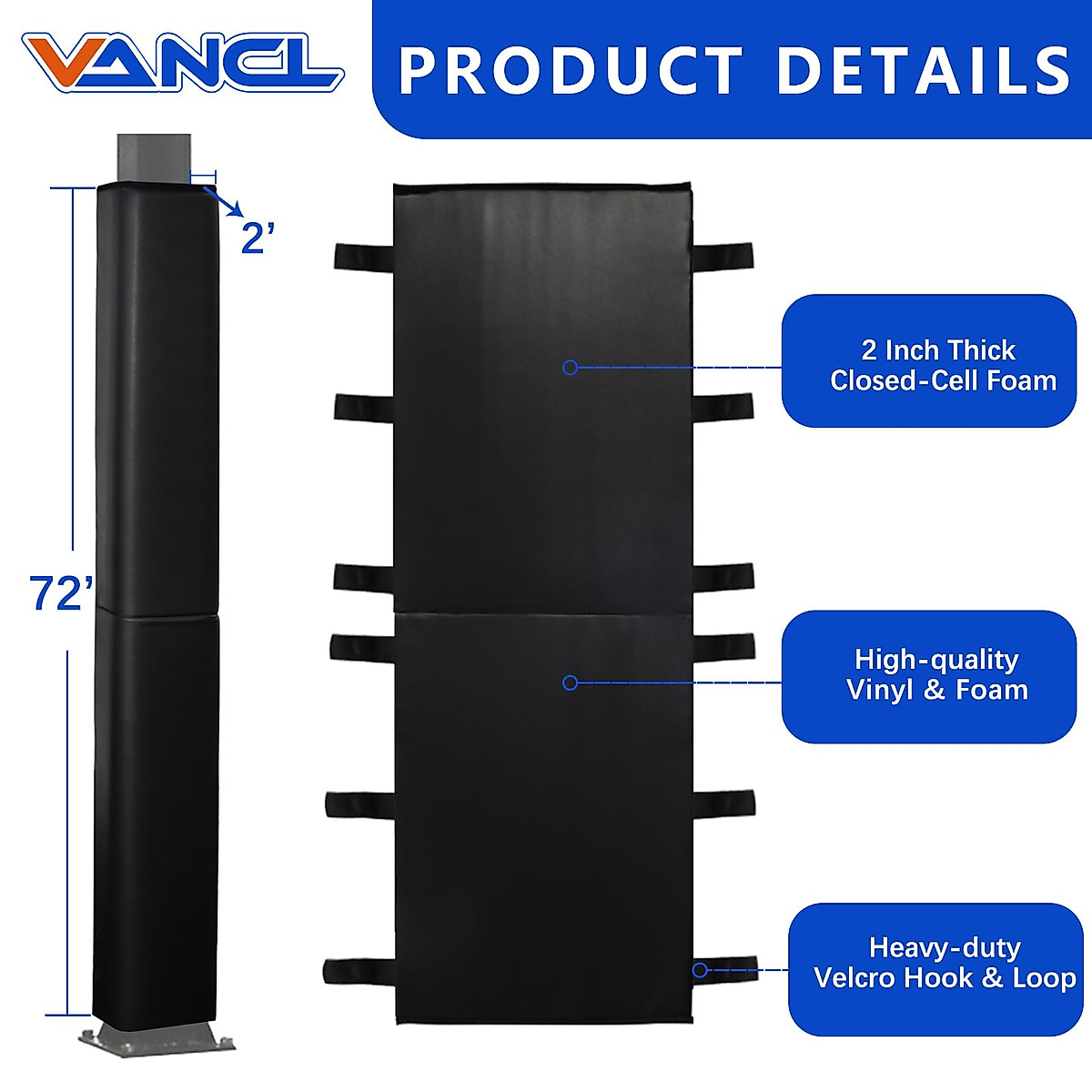 VANCL Pole Padding 4" Square Garage Pole Padding Heavy Duty Basketball Pole Pads 4 Inch Durable Basketball Pole Pad UV-Resistant Waterproof, Black (Fit 4x4 Inch Pole-6 Feet Tall)