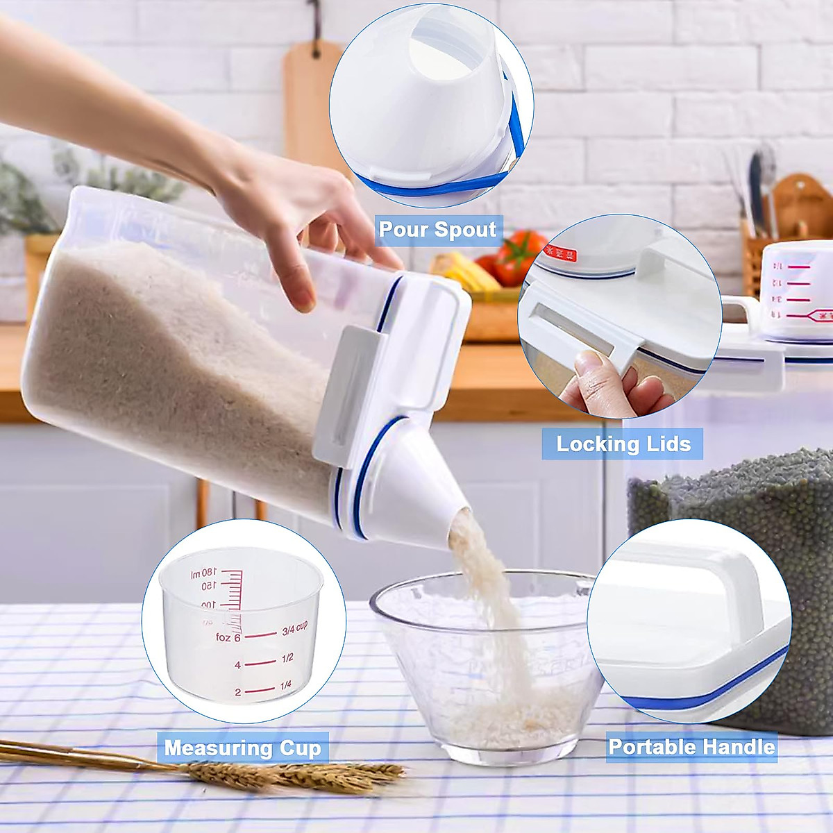 LEWIJO 7509 Rice Container Bin with Pour Spout - Airtight Storage for 4.4lbs of Rice, white