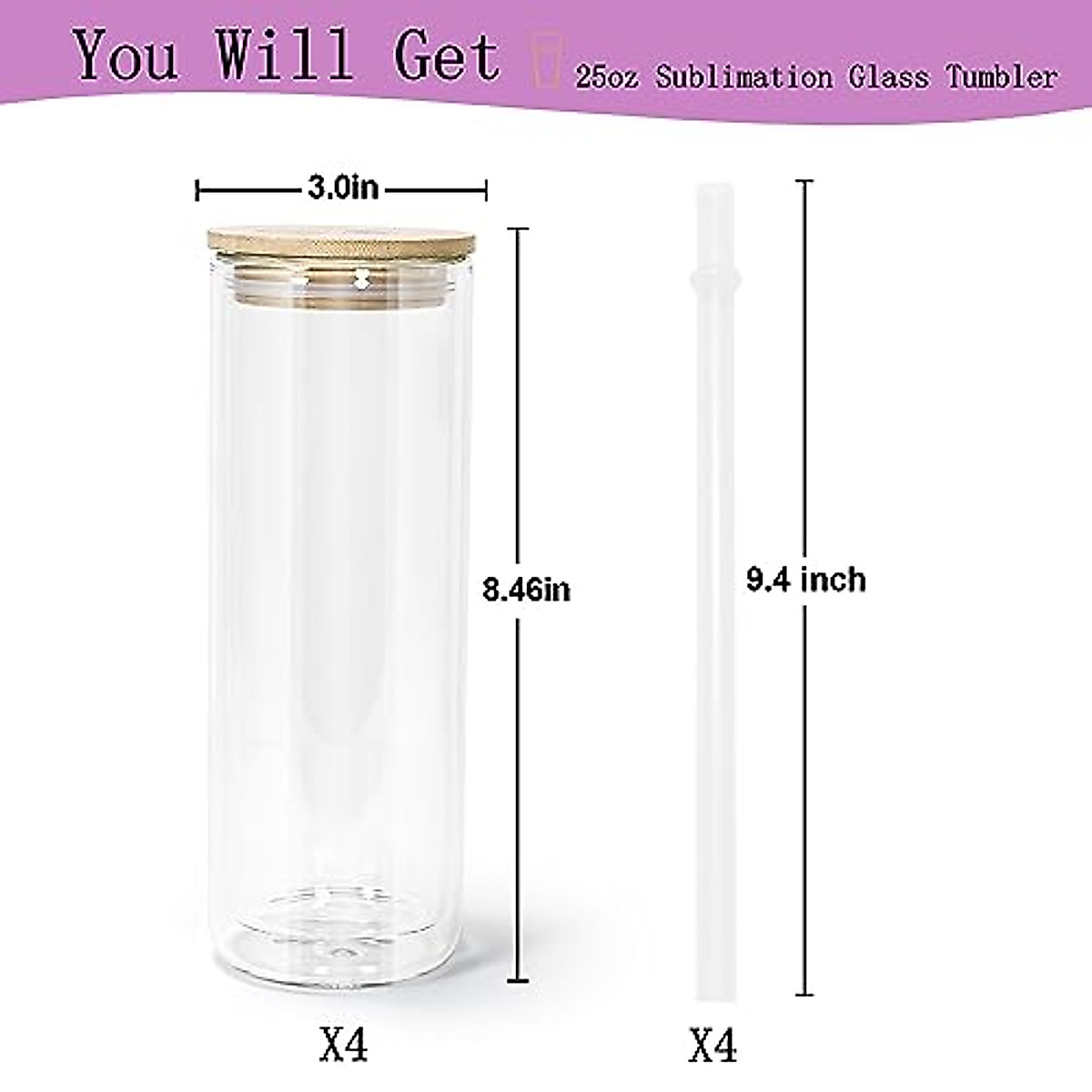 sweet grain Snow Globe Tumbler, 4 Pack 25 oz Sublimation Glass Cups for Glitter Snow Globe Cups, Double Wall Glass Tumbler for Iced Coffee, Juice, Soda, Drinks