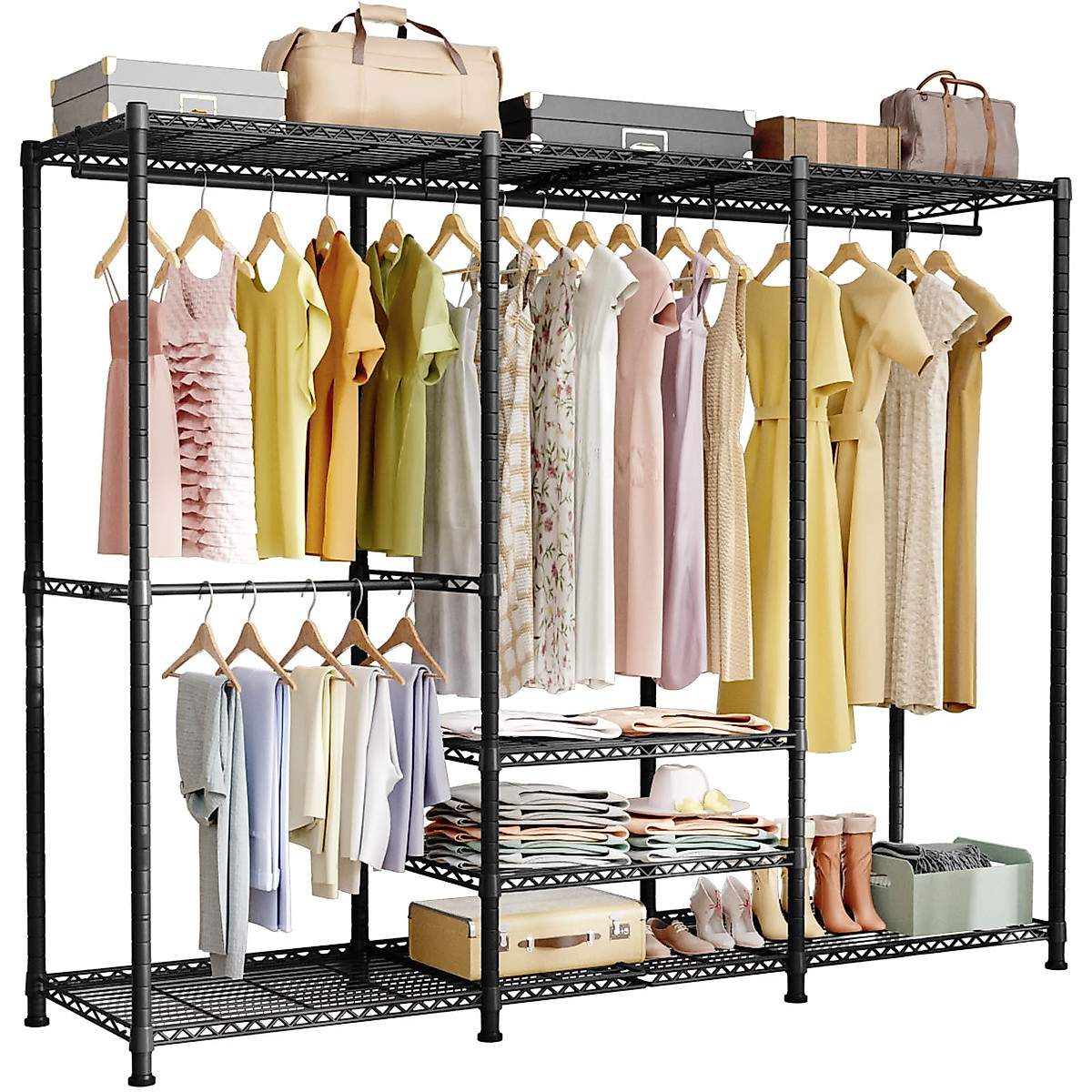 Ulif E5 Garment Rack, 4 Tiers Freestanding Heavy-Duty Closet Organizer and Storage System, Max Load 780LBS, 67.9" W x 14.5" D x 77.1" H, Black