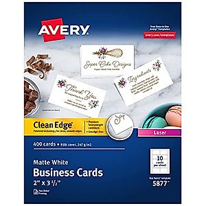 Avery Clean Edge Printable Business Cards with Sure Feed Technology, 2" x 3.5", White, 400 Blank Cards for Laser Printers (5877)