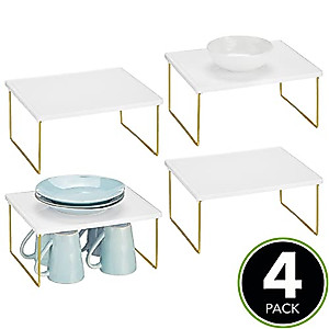 mDesign Metal Stacking Storage Organization for Shelves Inside Cabinet in Kitchen, Pantry, Cupboard, Fridge/Freezer, Organizer Stand for Plates, Bowls, Mugs, Ligne Collection, 4 Pack, White/Soft Brass