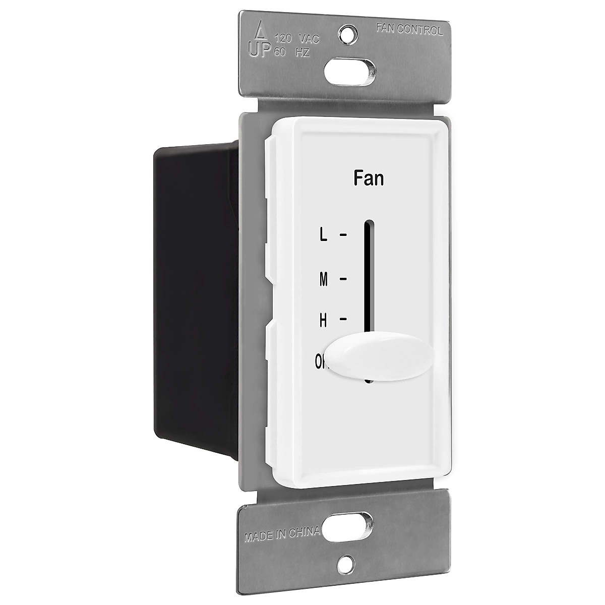 ENERLITES 3 Speed In Wall Ceiling Fan Control, Slide switch, 120VAC, 2.5A, Single-Pole, No Neutral Wire Required, 17000-F3-W-F, White