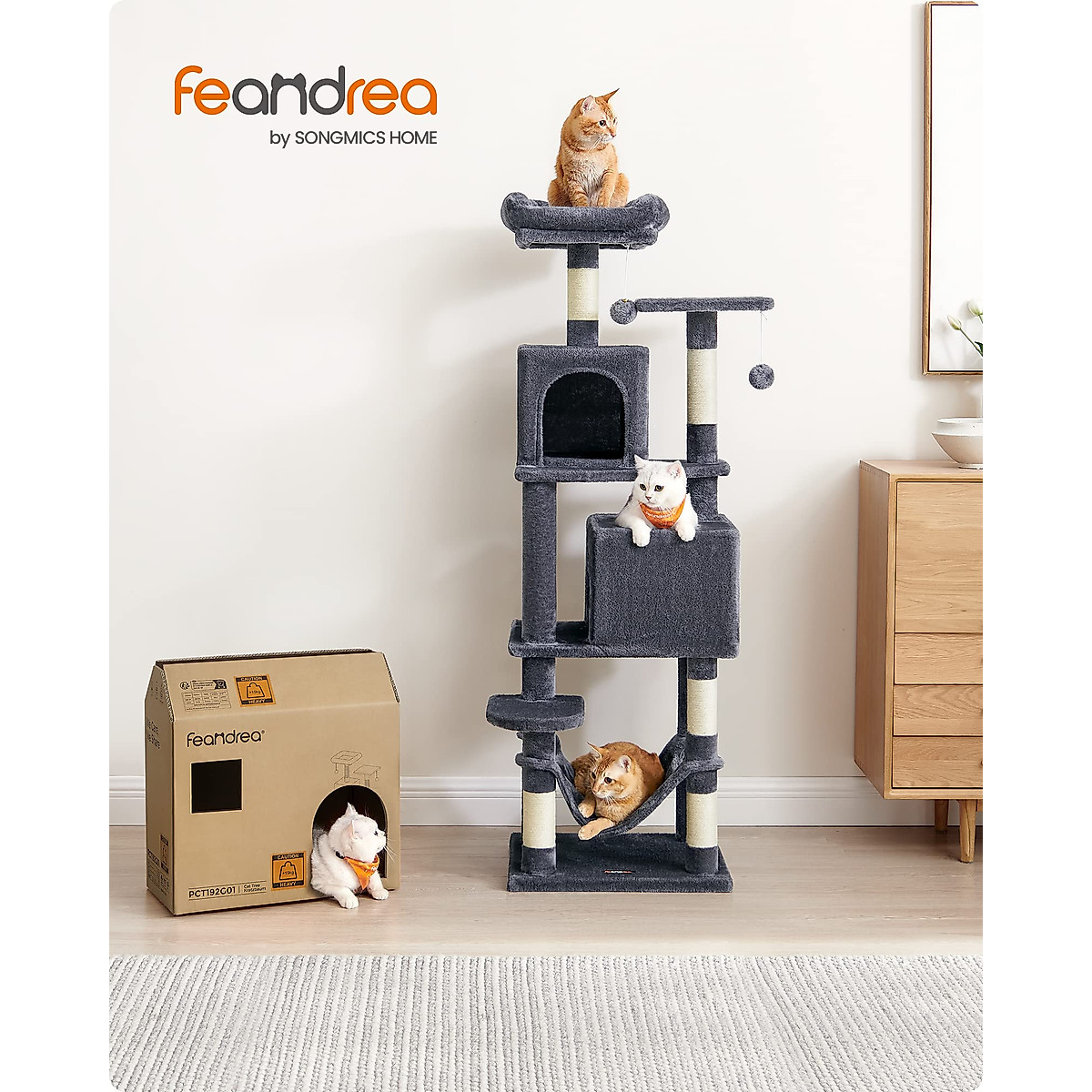 Feandrea Cat Tree, 61-Inch Cat Tower for Indoor Cats, Plush Multi-Level Cat Condo with 5 Scratching Posts, 2 Perches, 2 Caves, Hammock, 2 Pompoms, Smoky Gray UPCT192G01