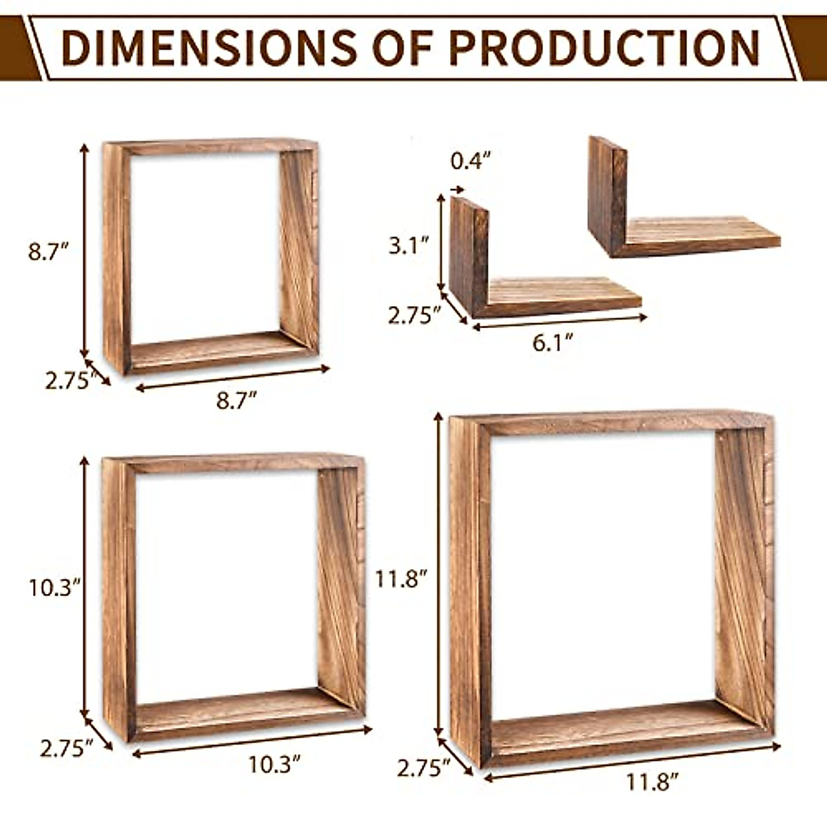 Decoroca Floating Hanging Square Shelves - Set of 5 Wall Mounted Decor Rustic Wood Cube Photo Plant Display Shadow Boxes Decorative Shelf, Home Office Decoractions for Living Room Bedroom, Brown