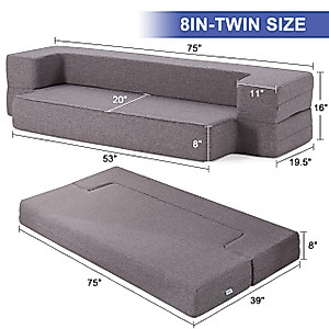 Lazyzizi Floor Sofa Bed, Fold Out Couch with 2 Pillows & Washable Cover Convertible Sleeper Folding Mattress for Living Room, Guest Bed, Playroom 8inches Twin