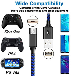 3-Pack 6FT PS4 Controller Charger Cable for Xbox One Controller,Dualshock 4,PS4 Charging Cord,Nylon Braided Micro USB Data Sync Cable for Xbox One S/X,Playstation-4,PS4 Slim/Pro,Charge and Play Wire
